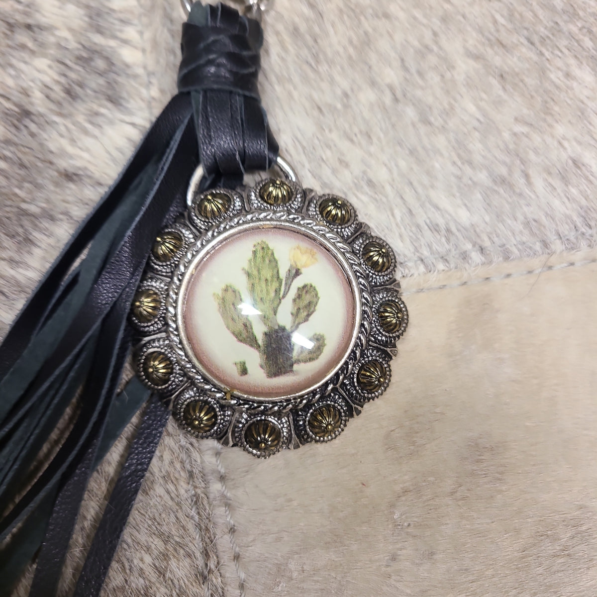 Fringe leather keychain with cactus – Oak Spring Bling